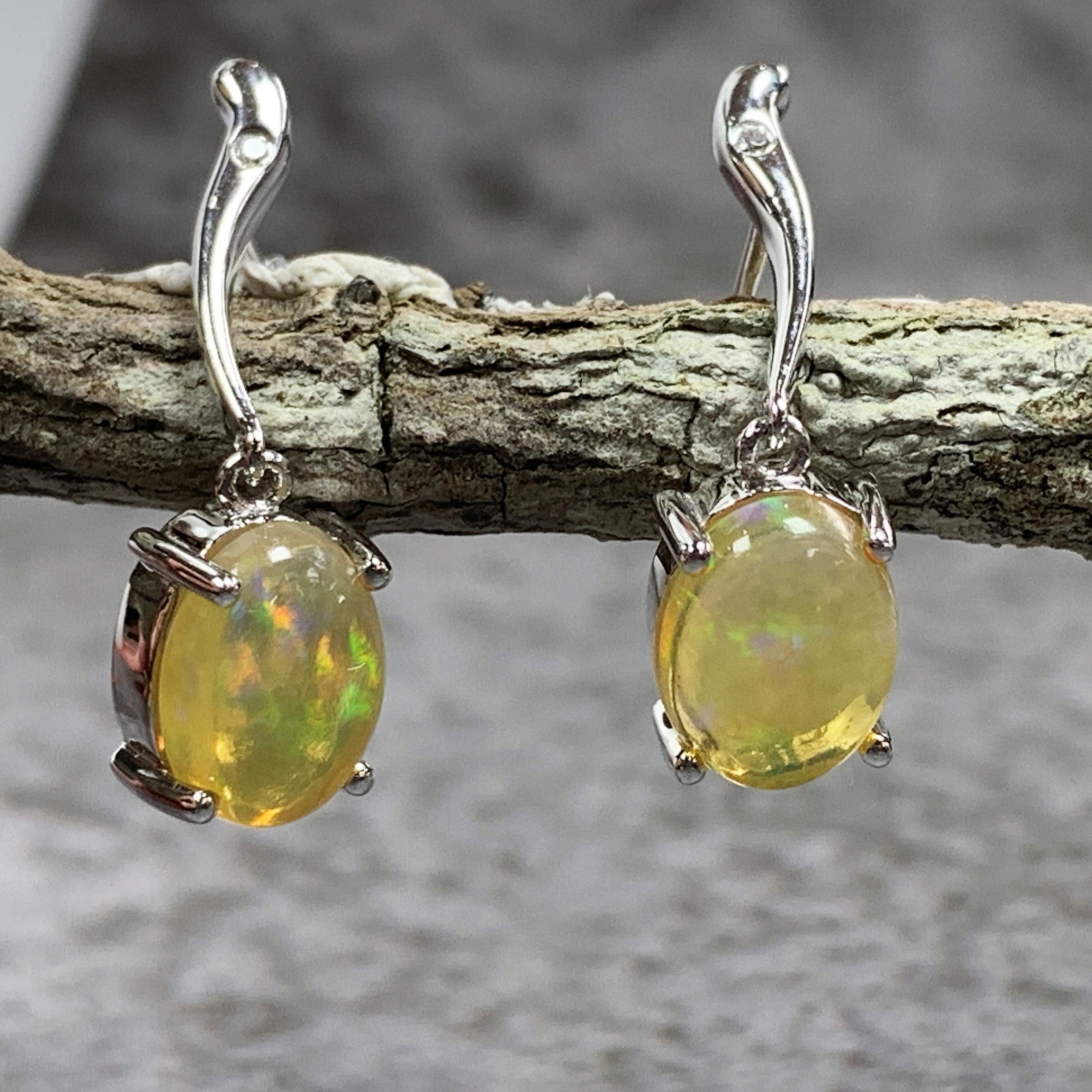 Sterling Silver 9x7mm Light Yellow Opal dangling earrings
